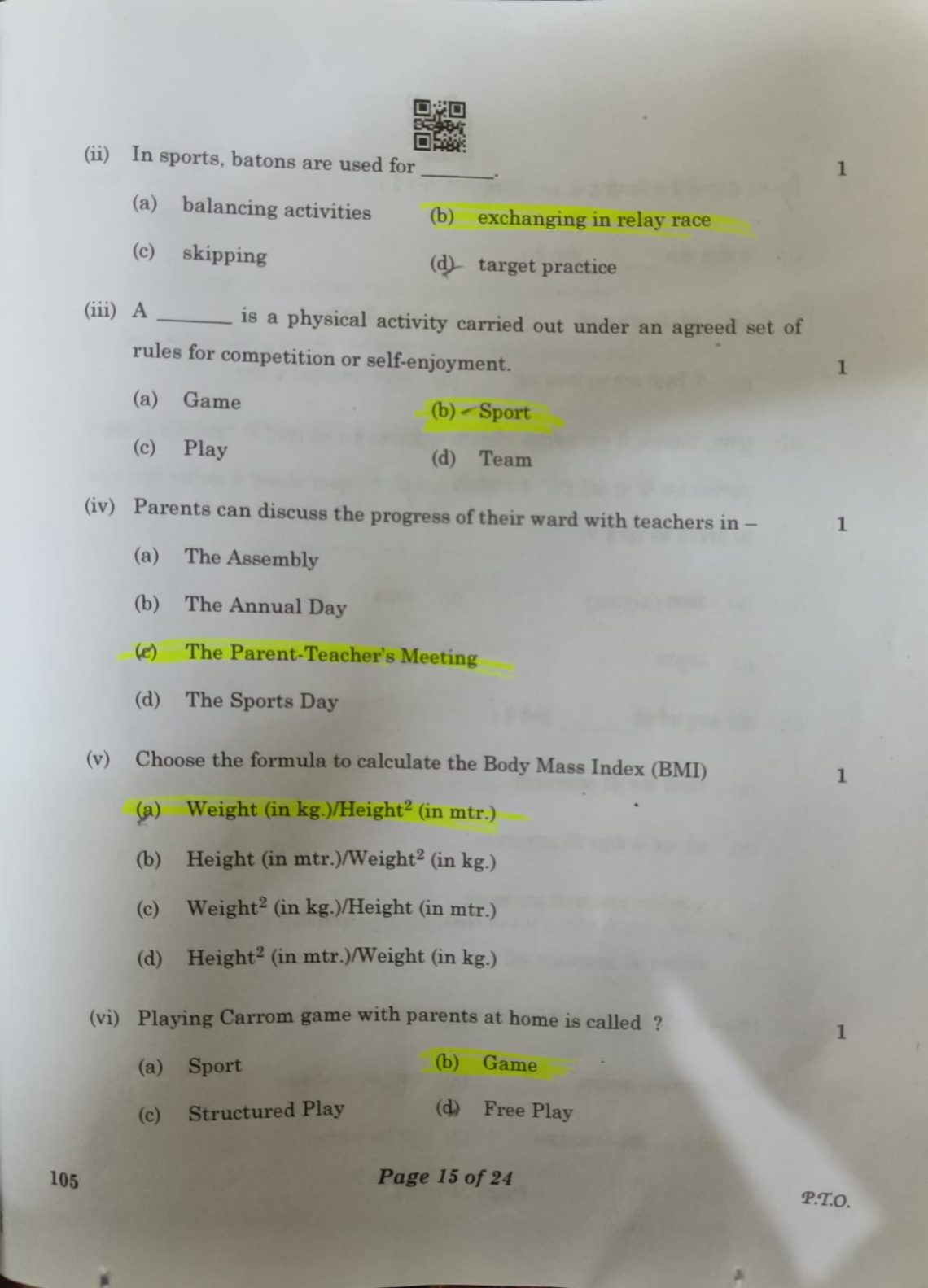 CBSE Class 10 Physical Activity Trainer Paper Solution Answer Key 2023 ...