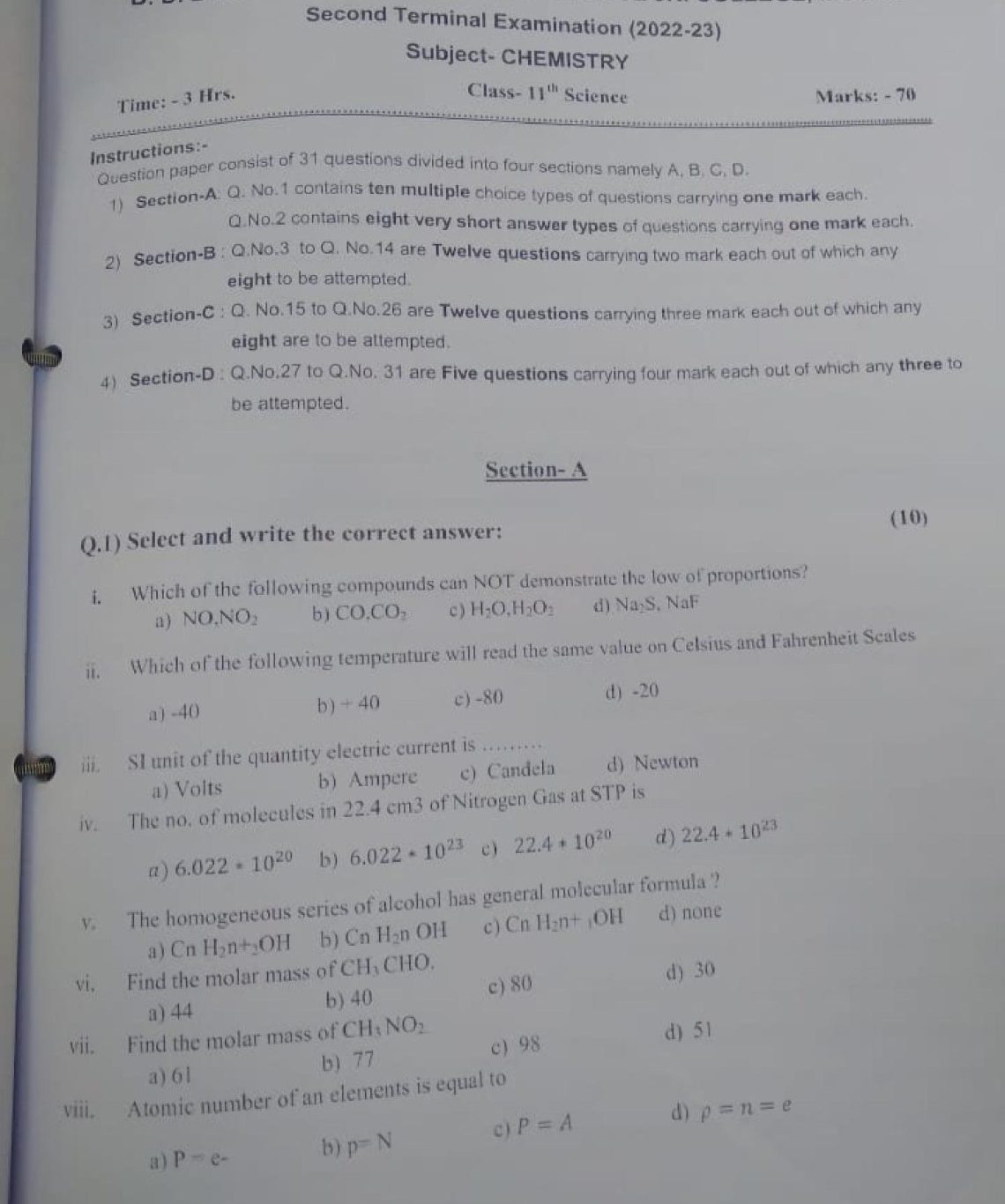Download Class 11 Chemistry Old Question Paper Second Term Exam - Maharashtra Board