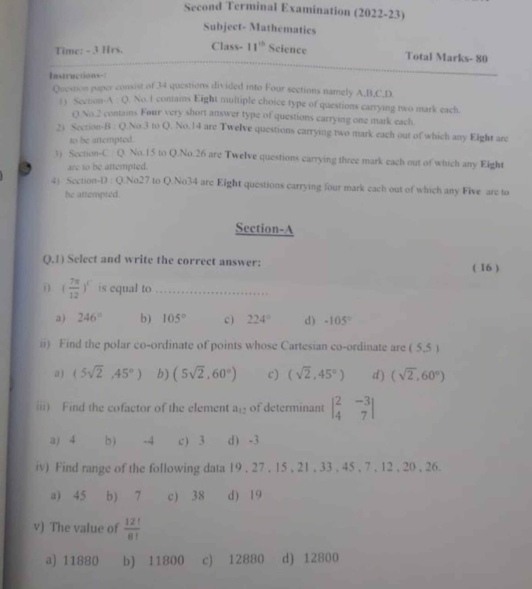 Download Class 11 Mathematics Old Question Paper Second Term Exam ...