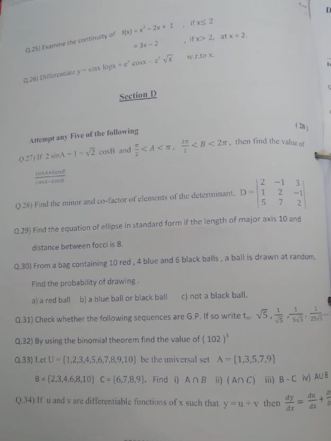 Download Class 11 Mathematics Old Question Paper Second Term Exam ...