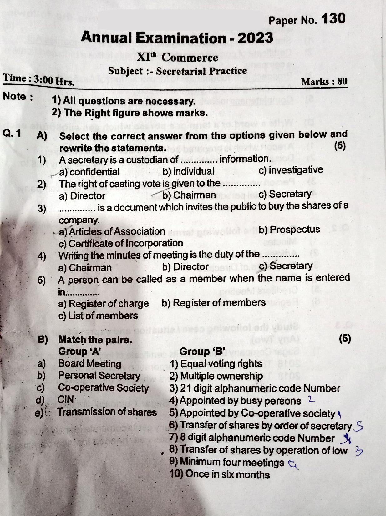 Download Class 11 Secretarial Practice Old Question Paper Second Term ...