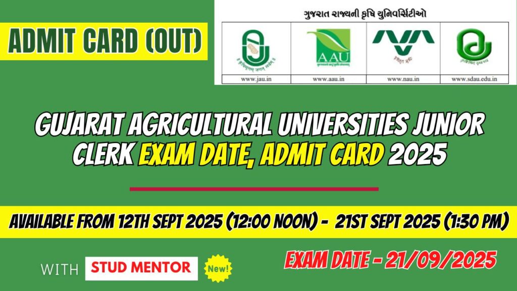 Gujarat Agricultural Universities Junior Clerk Exam Date, Admit Card 2025